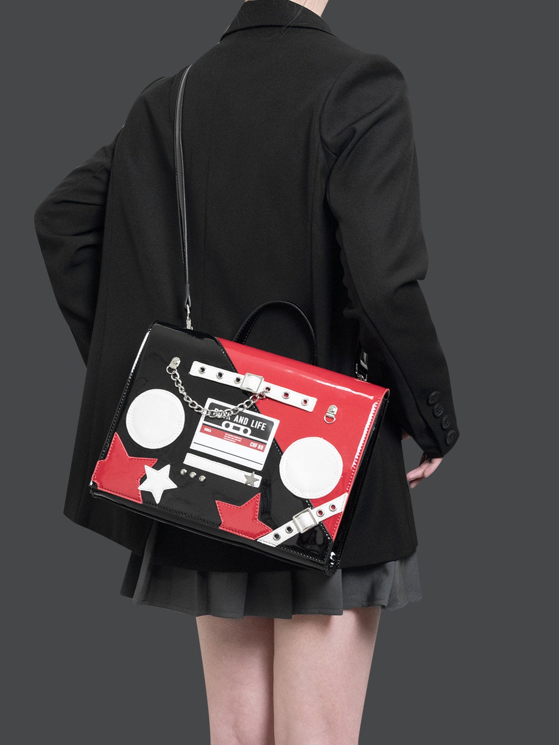 Black and Red Colorblock Retro Radio Backpack, Cassette Player ...