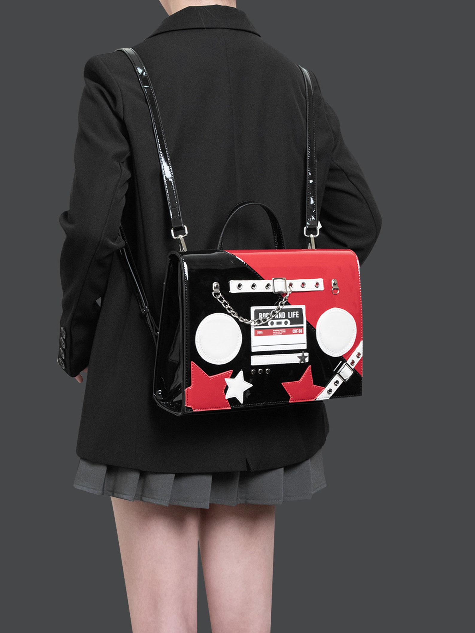Black and Red Colorblock Retro Radio Backpack, Cassette Player ...