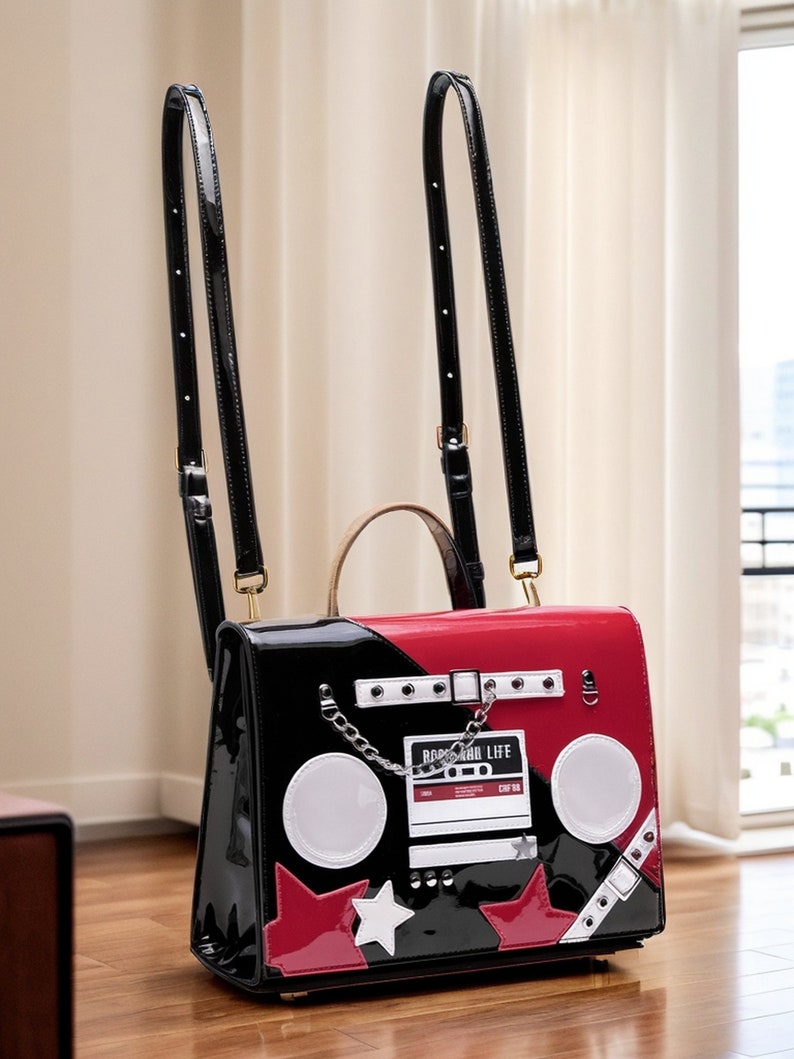 Black and Red Colorblock Retro Radio Backpack, Cassette Player ...