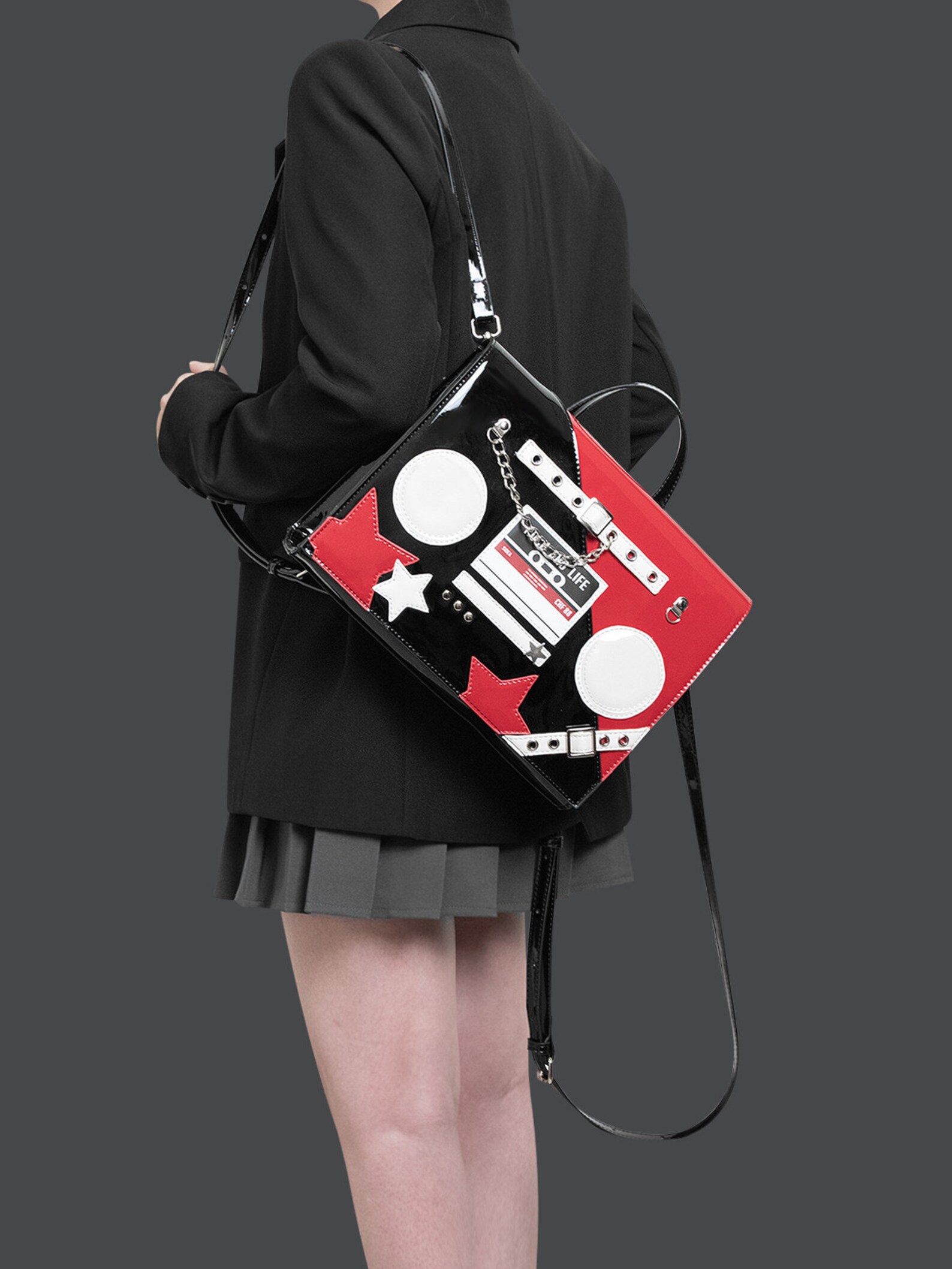 Black and Red Colorblock Retro Radio Backpack, Cassette Player ...