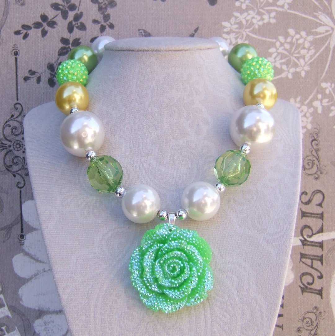 Spring Green Glitter Rose Pendant Childrens Chunky Bead - Etsy