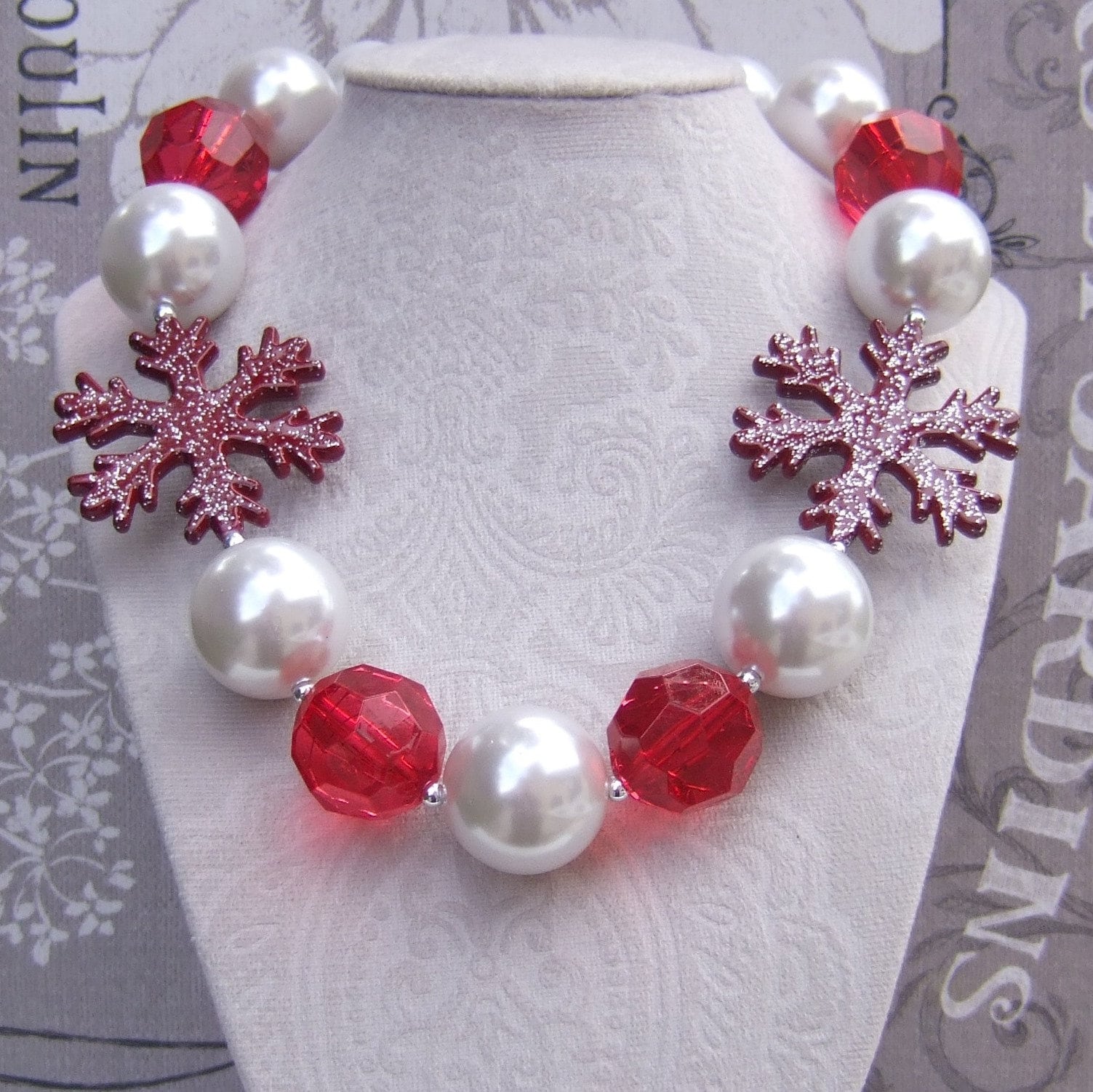Red Glitter Snowflake & White Pearl Childrens Girl's Chunky Bead ...