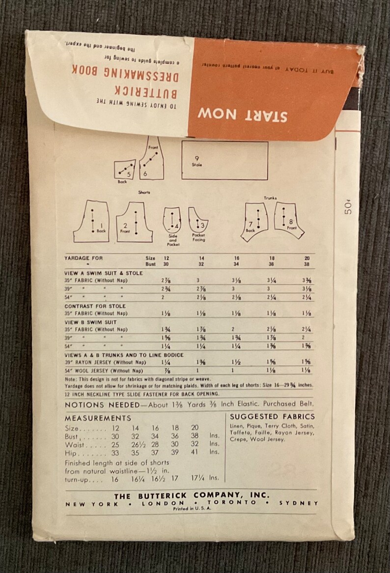 Vintage 50s Butterick Sewing Pattern 5762 Tailored Swimsuit and ...