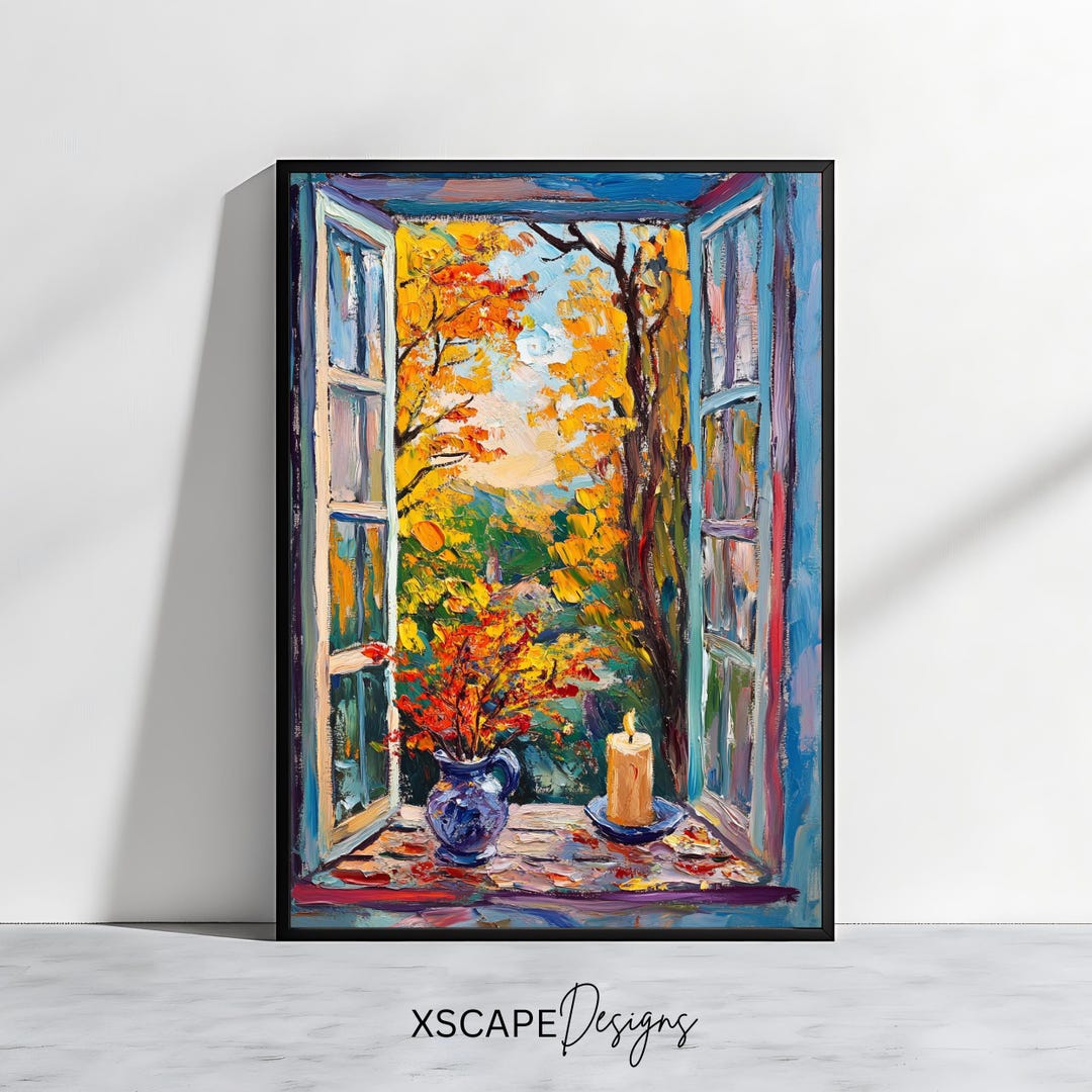 Autumn Window View Wall Art Print | Vibrant Fall Digital Artwork | Cozy ...