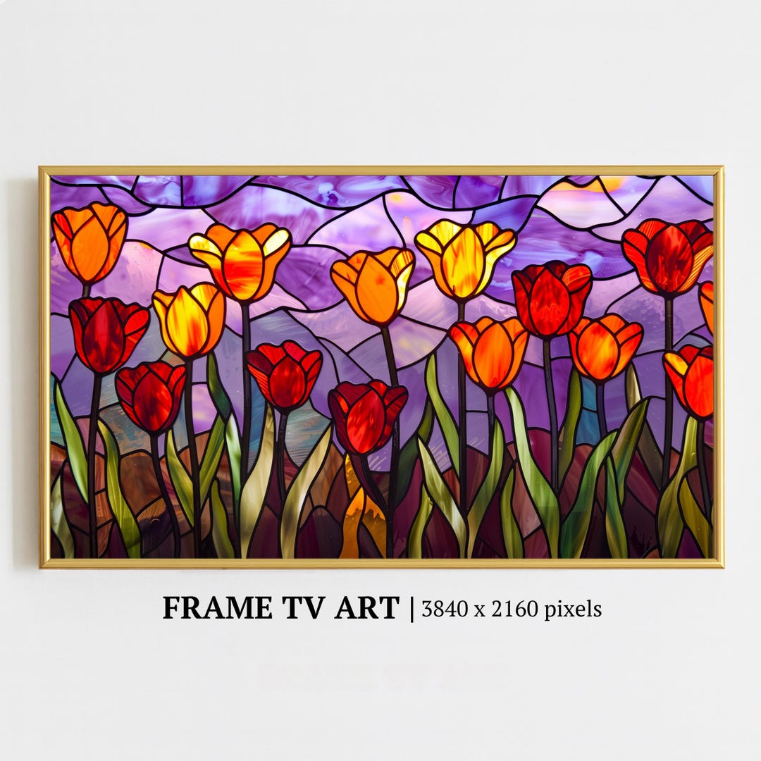 Spring Tulip Frame TV Art: Stained Glass Floral Mosaic Wall Decor ...