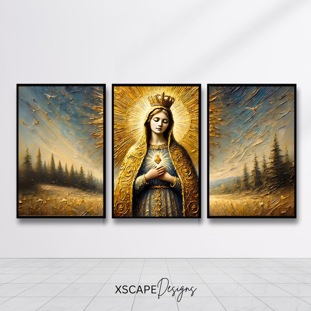 Virgin Mary Triptych Wall Art Print Religious Wall Set of 3 Sacred Heart Catholic Digital Print ...