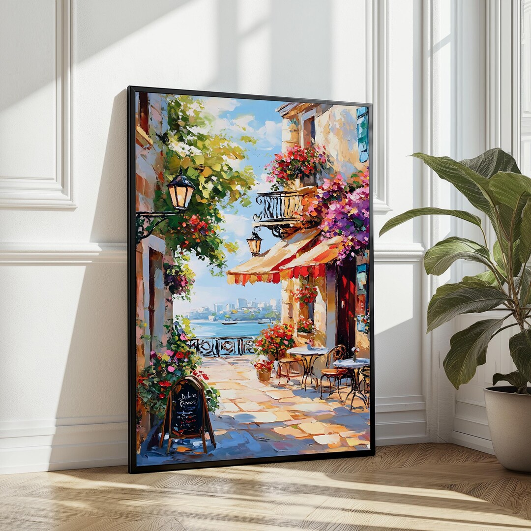 Charming Café Artwork | Mediterranean Courtyard Wall Art Printable ...