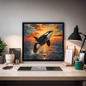 Orca Sunset Wall Art Print | Marine Life Square Artwork | Ocean-themed ...