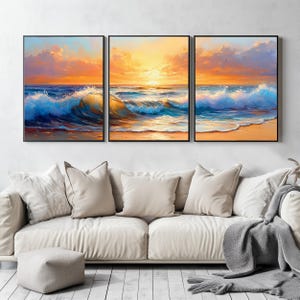 Beach Sunrise Triptych Wall Art Print Set of 3 | Vibrant Ocean Waves ...