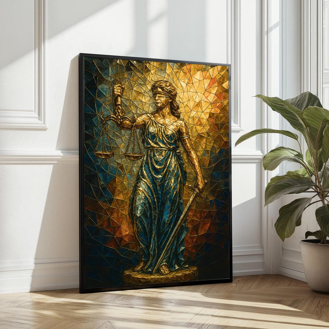 Lady Justice Wall Art, Blindfolded Justice Statue, Mosaic Gold Digital ...