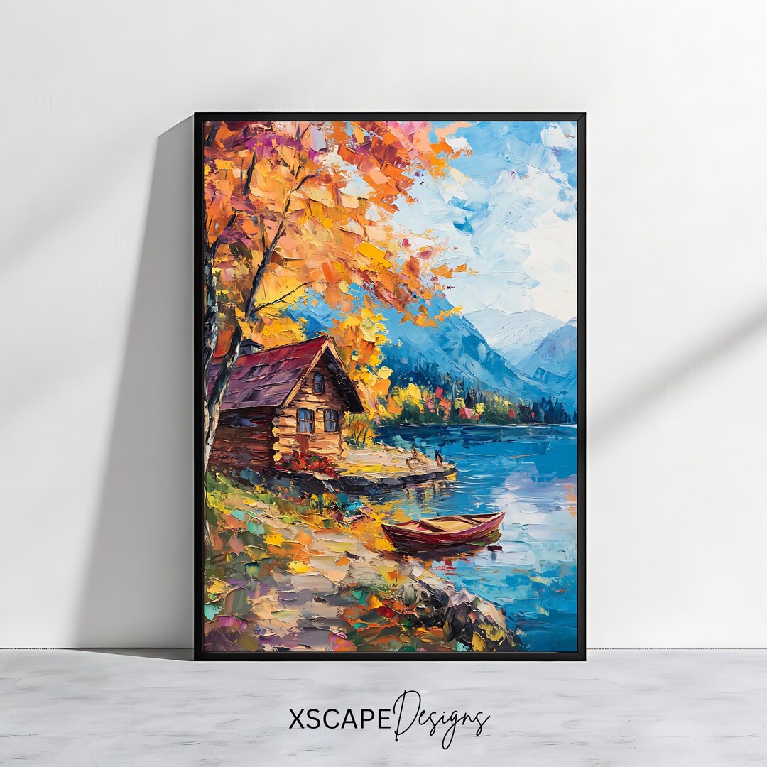 Rustic Cabin Wall Art, Autumn Lake Painting, Textured Landscape Print ...