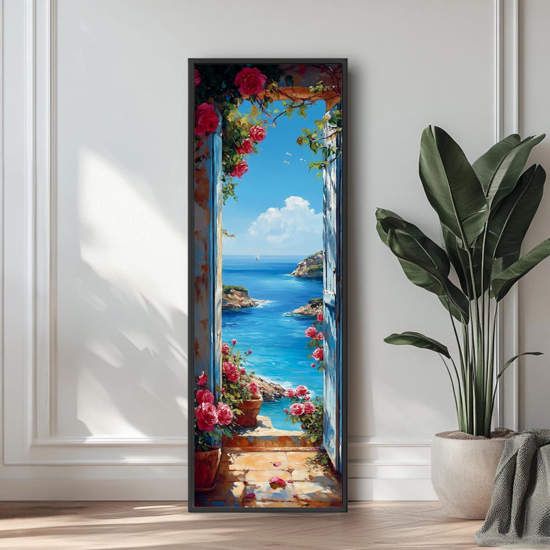Tall Vertical Mediterranean Window Wall Art | Coastal Ocean View Print ...