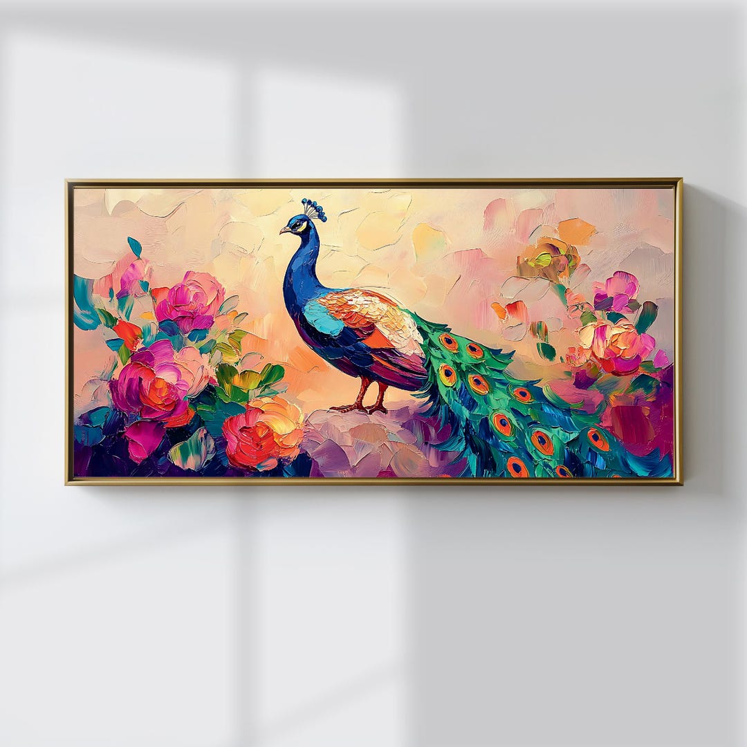 Peacock Wall Art | Long Horizontal Narrow Print | Oversized Panoramic ...