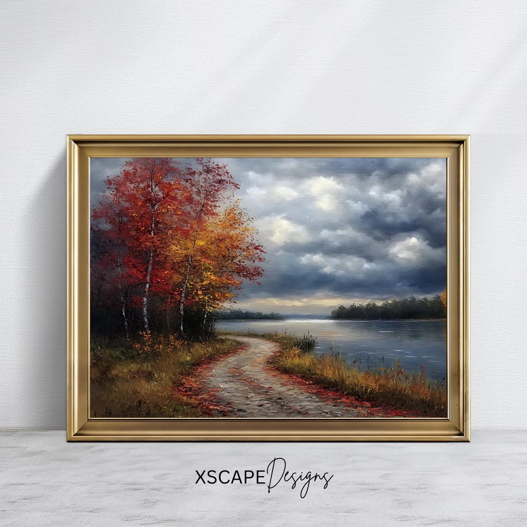 Autumn Pathway Vintage Digital Art Print, Neutral Landscape Canvas ...