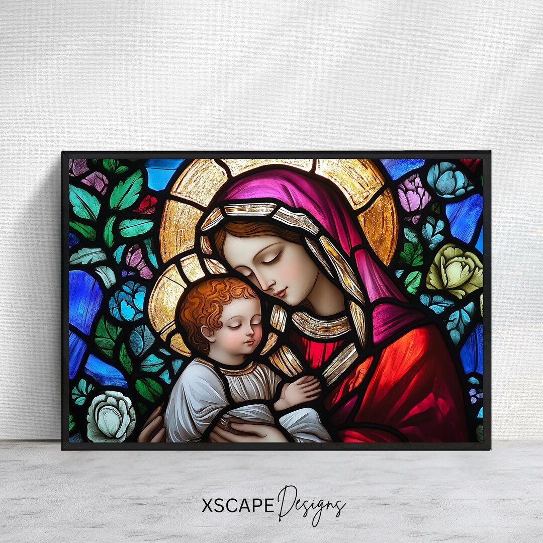 Virgin Mary and Jesus Stained Glass Digital Art Print, Religious Wall ...