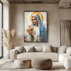 Vintage Blessed Virgin Mary Art Print, Blessed Mother Floral Catholic ...
