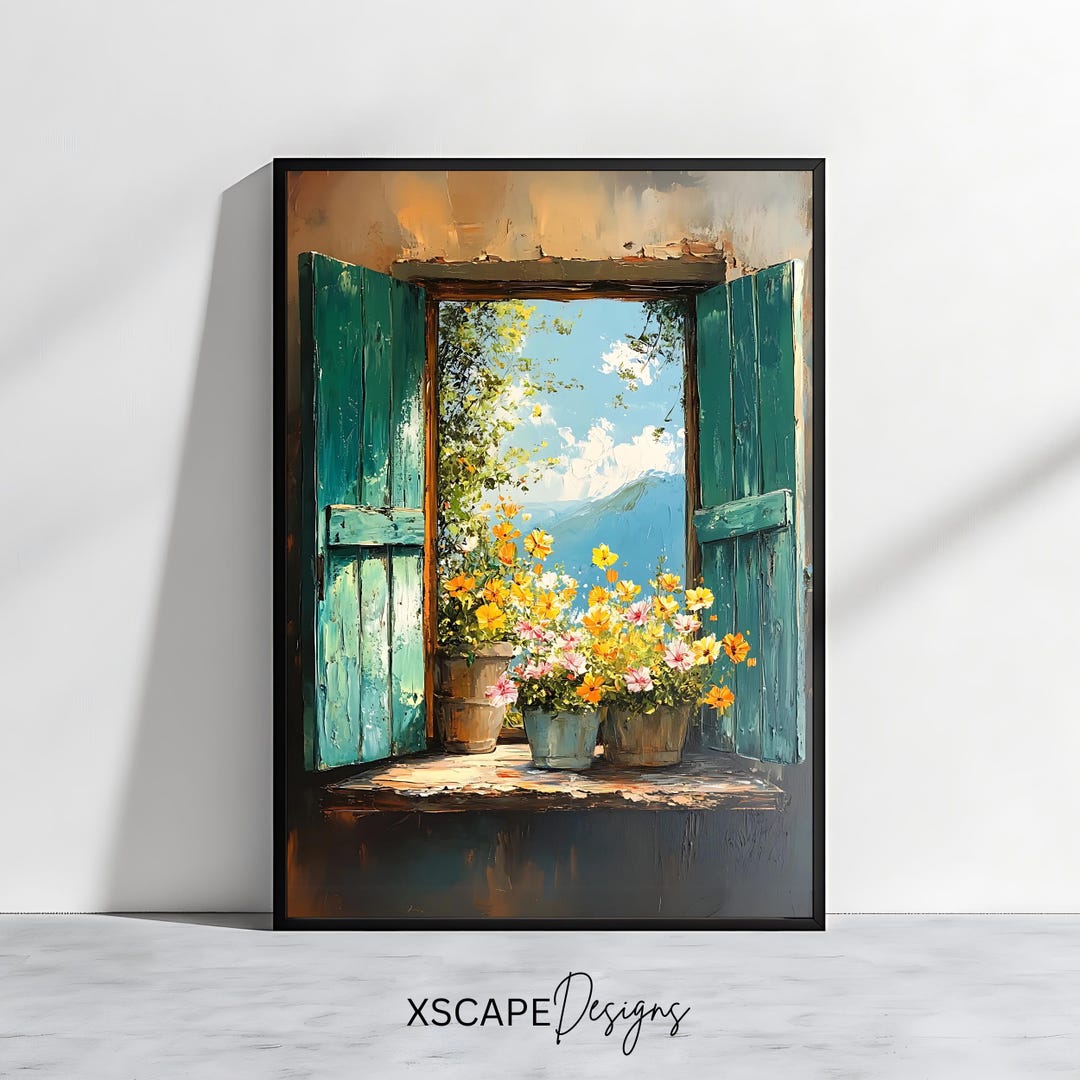 Rustic Window View Art, Floral Landscape Print, Cottagecore Wall Decor ...