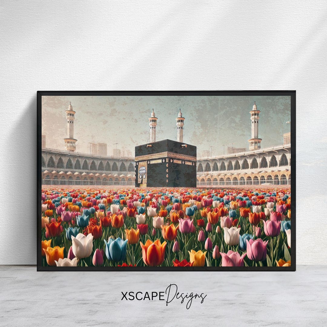 Kaaba Floral Wall Art Print, Islamic Sacred Landmark Poster, Printable ...