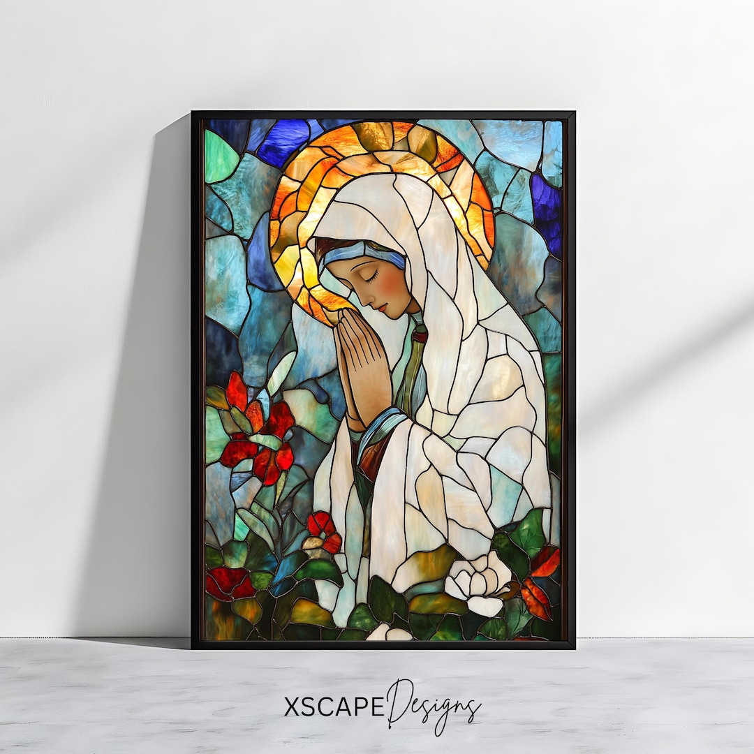 Blessed Virgin Mary Stained Glass Wall Art Print | Religious Digital ...