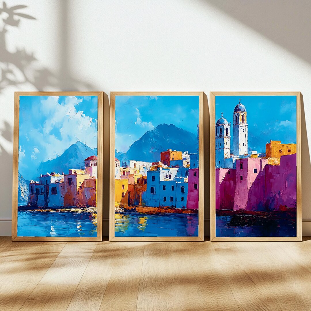 Moroccan Coastal Triptych Wall Art Print Set of 3 | Vibrant North ...