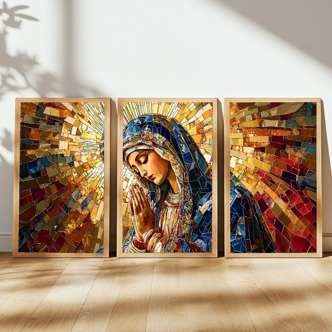 Blessed Virgin Mary Stained Glass Triptych | Religious Wall Art Print Set of 3 | Elegant ...