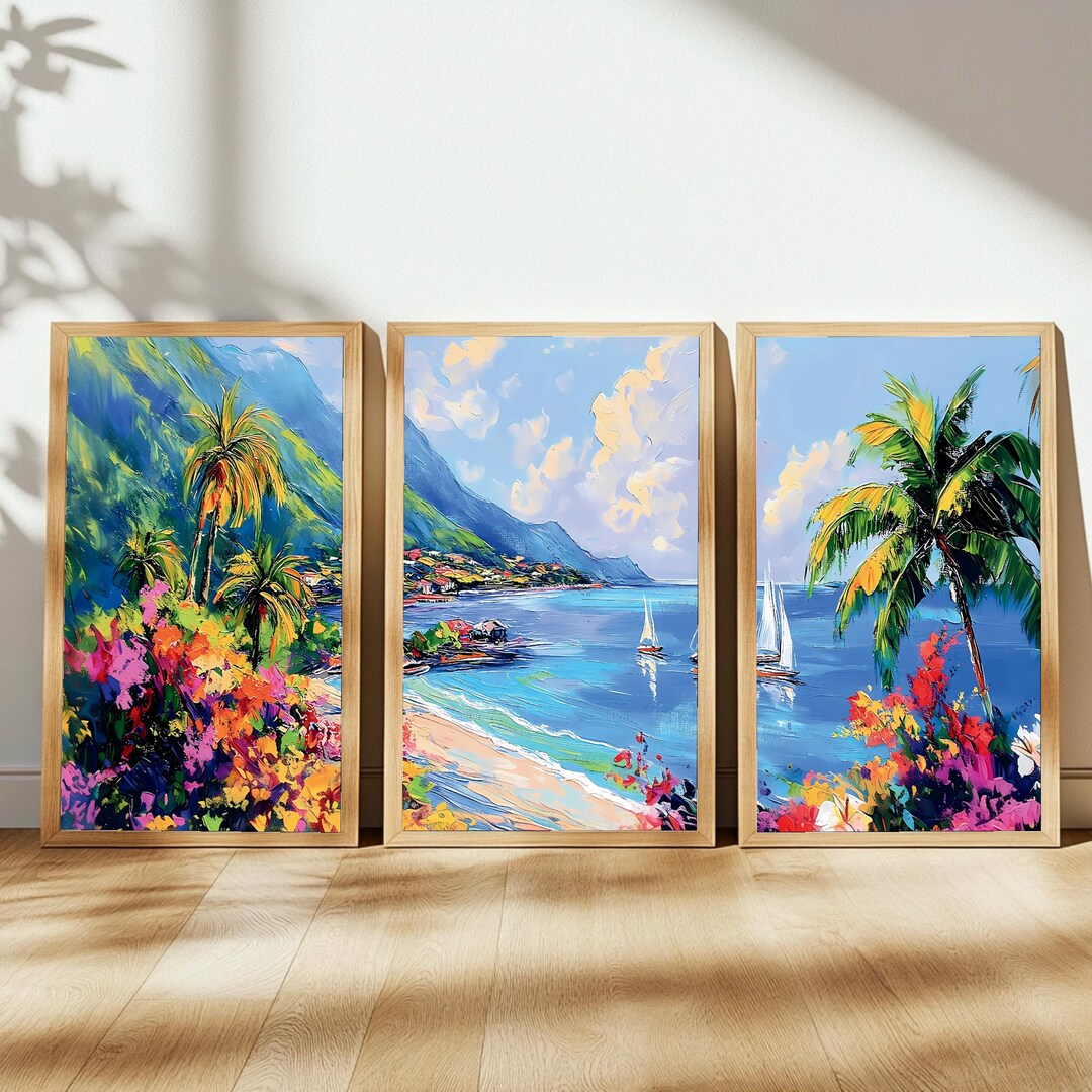 Tropical Coastal 3 Piece Wall Art, Triptych Print, Vibrant Digital ...