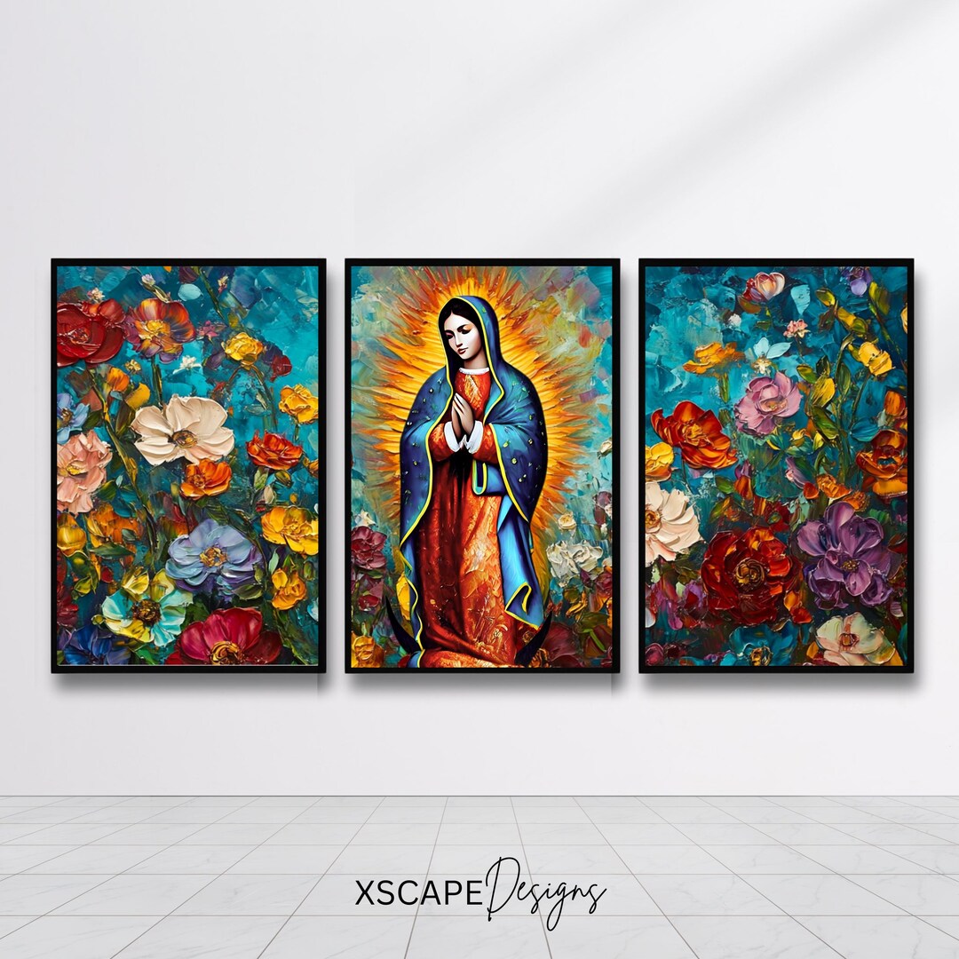 Our Lady of Guadalupe Triptych Wall Print Floral Catholic Wall Art Set of 3 Religious Digital ...