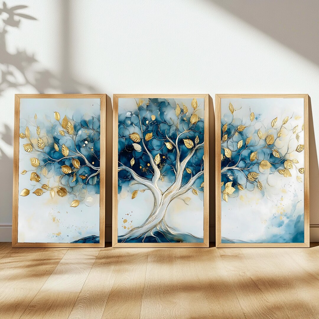 Golden Tree Triptych Wall Art Set of 3 | Abstract Tree of Life Print ...