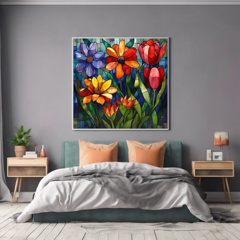 Stained Flowers Art Print, Floral Poster, Square Print, Printable Wall ...