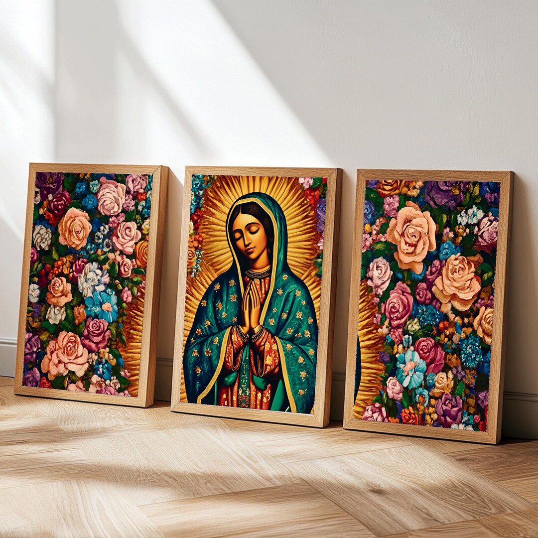 Mary of Guadalupe Triptych Wall Art Print Set of 3 | Sacred Floral Artwork | Religious-inspired ...