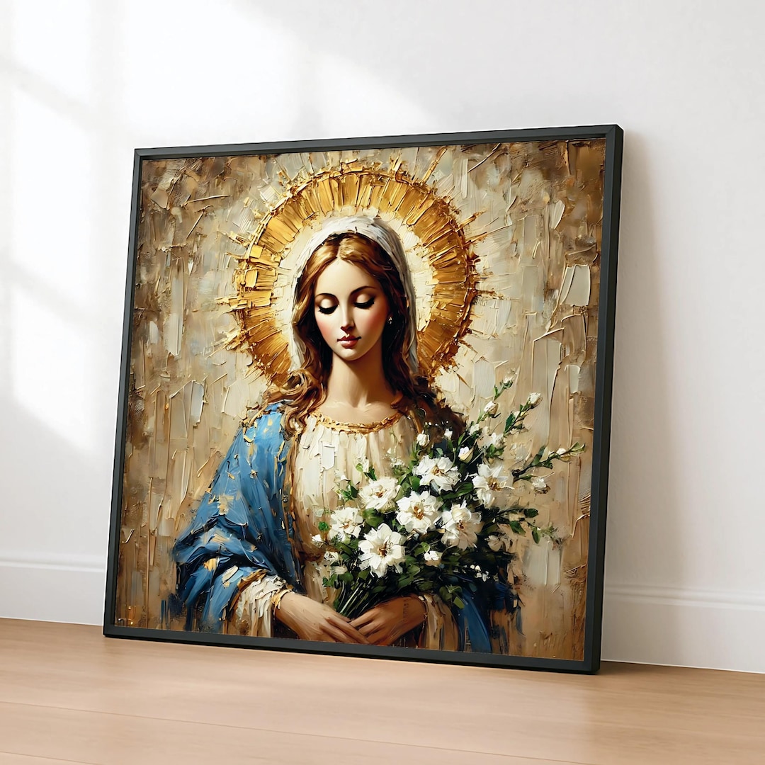 Floral Blessed Virgin Mary Square Digital Art Print - Catholic Wall ...
