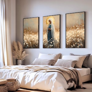Blessed Virgin Mary Triptych Wall Art Print Set of 3 | Sacred Religious Artwork | Nature ...