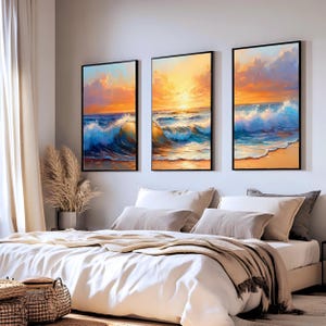 Beach Sunrise Triptych Wall Art Print Set of 3 | Vibrant Ocean Waves ...