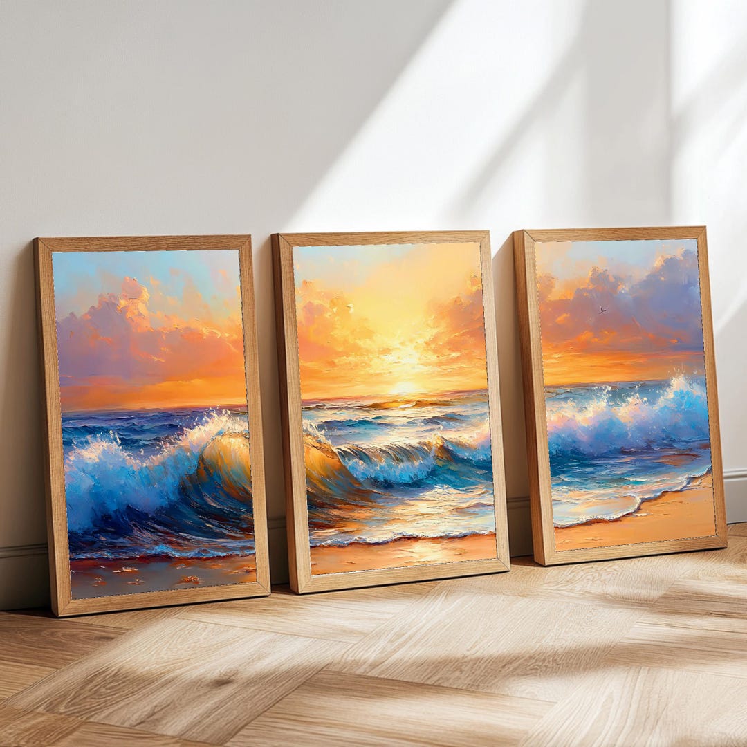 Beach Sunrise Triptych Wall Art Print Set of 3 | Vibrant Ocean Waves ...