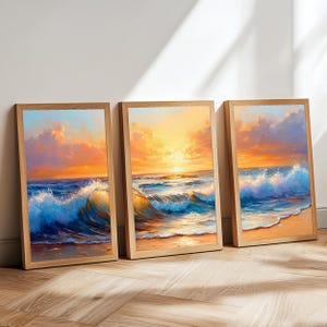 Beach Sunrise Triptych Wall Art Print Set of 3 | Vibrant Ocean Waves Artwork | Coastal Nature ...