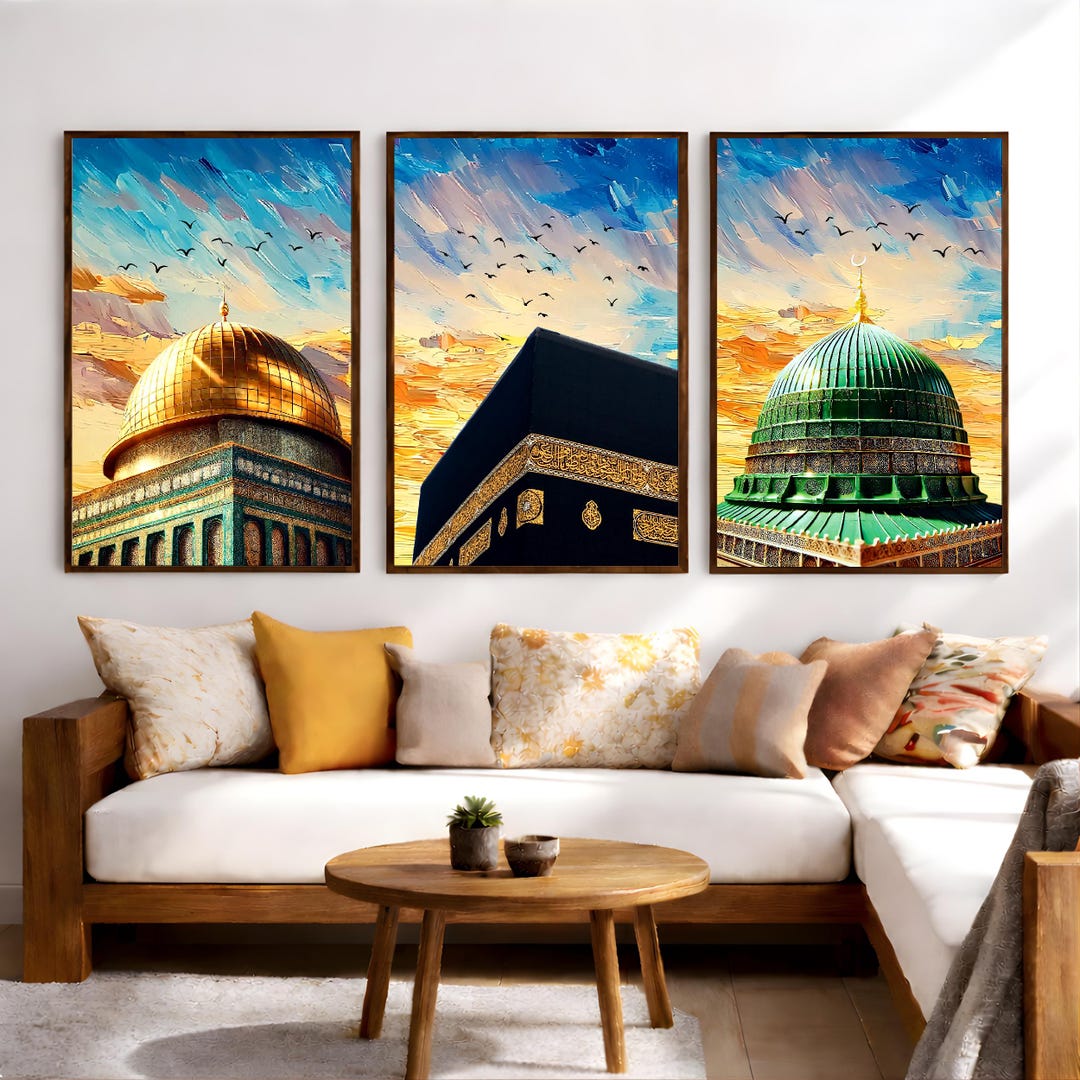 Kaaba Aqsa Masjid Nabawi Islamic Triptych Art: Mosque Wall Decor ...