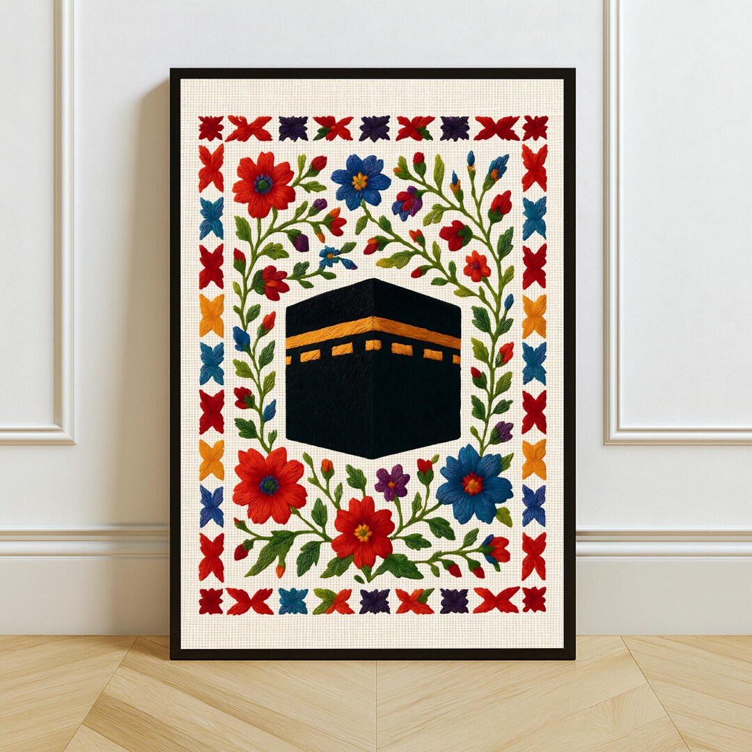 Kaaba Embroidery Style Art Islamic Wall Decor: Muslim Floral Print ...