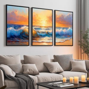 Beach Sunrise Triptych Wall Art Print Set of 3 | Vibrant Ocean Waves ...