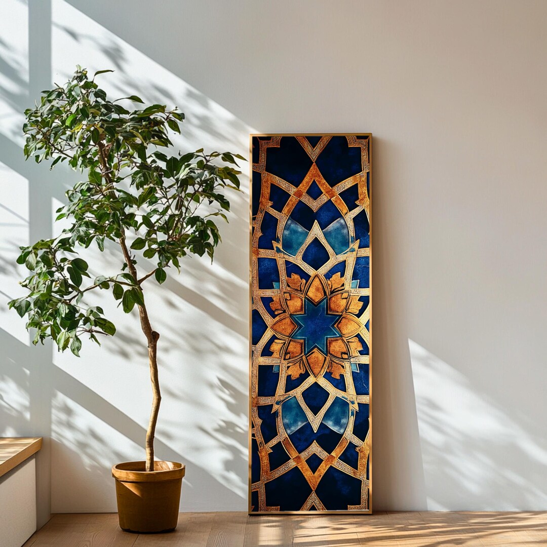 Tall Vertical Islamic Geometric Wall Art | Gold and Blue Arabesque ...