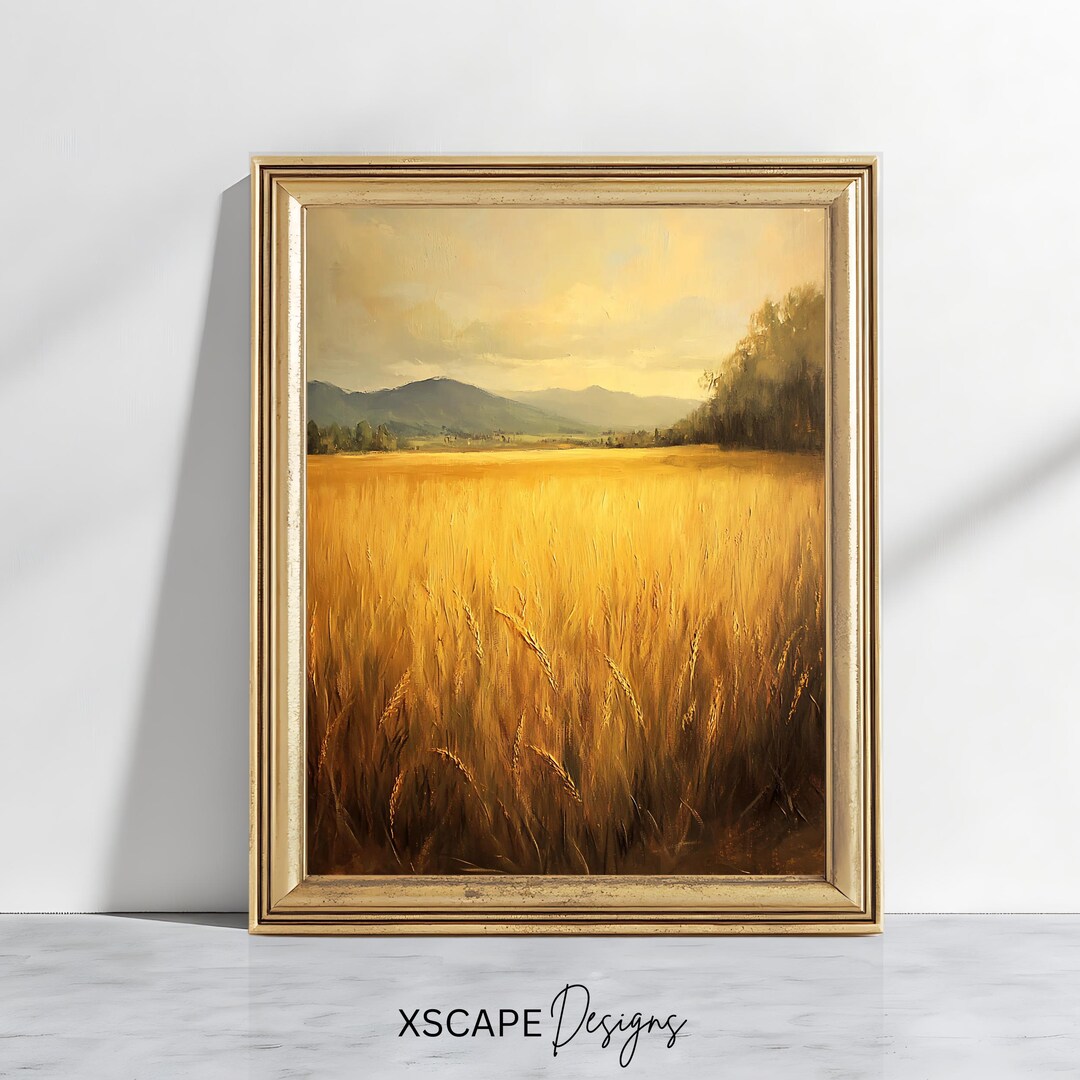 Golden Wheat Field Digital Art Print Rustic Farmhouse Wall Decor