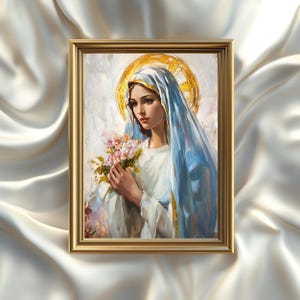 Vintage Blessed Virgin Mary Art Print, Blessed Mother Floral Catholic ...