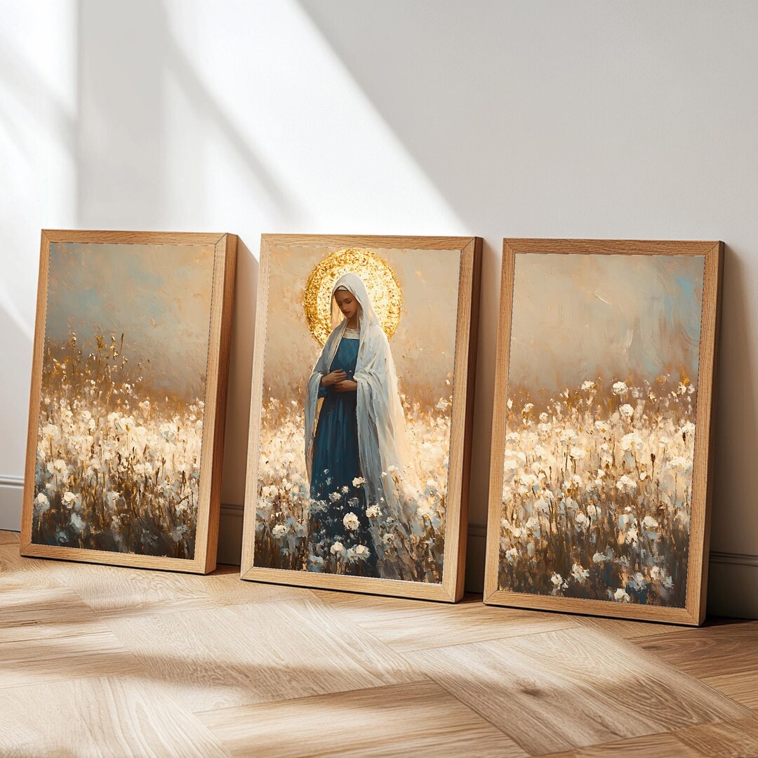 Blessed Virgin Mary Triptych Wall Art Print Set of 3 | Sacred Religious Artwork | Nature ...