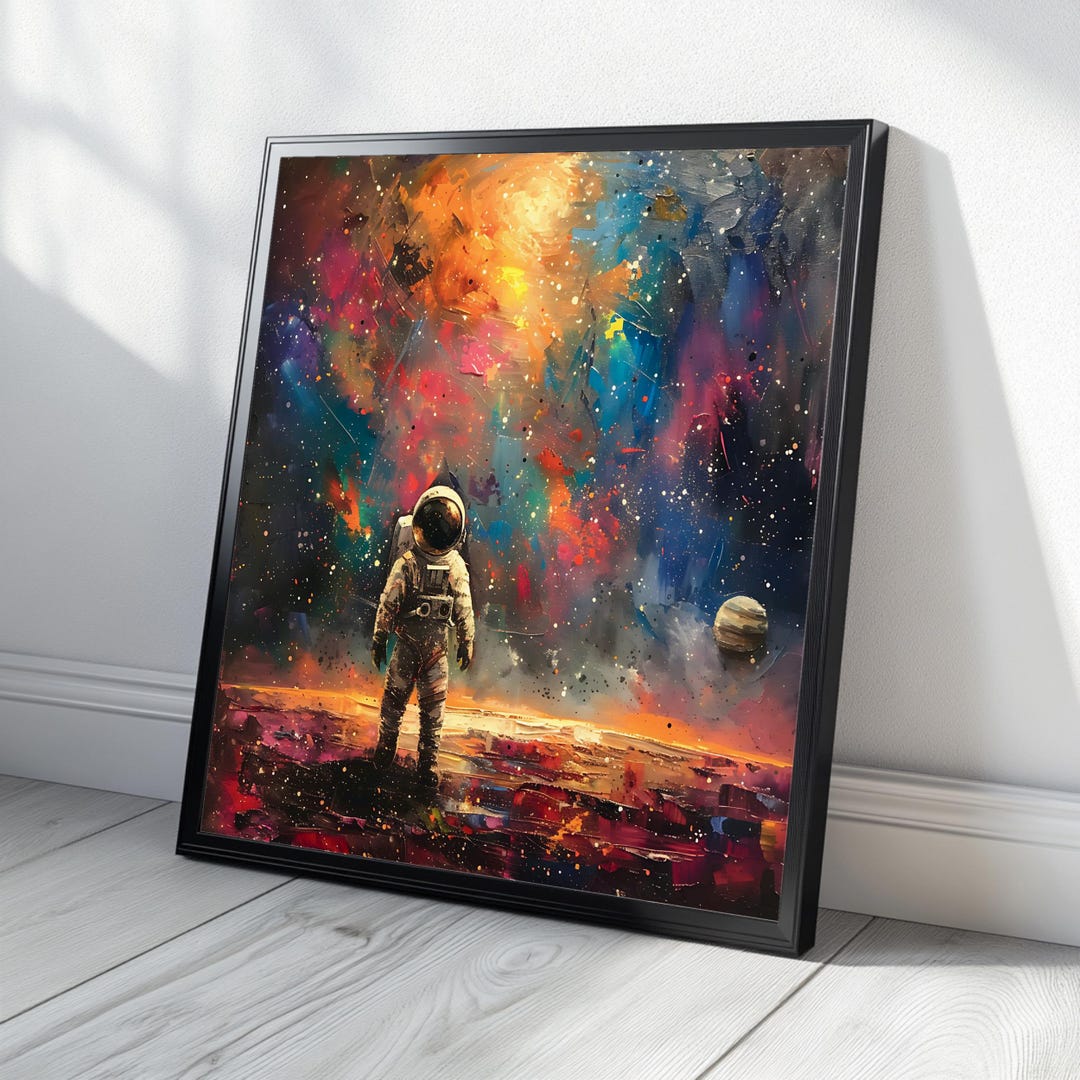Astronaut in Space Art Print, Colorful Galaxy Wall Decor, Square Sci-fi ...