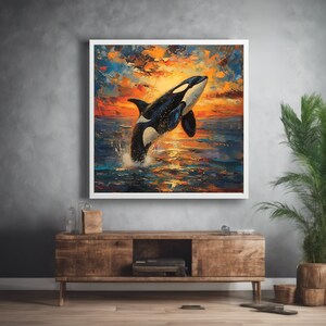 Orca Sunset Wall Art Print | Marine Life Square Artwork | Ocean-themed ...