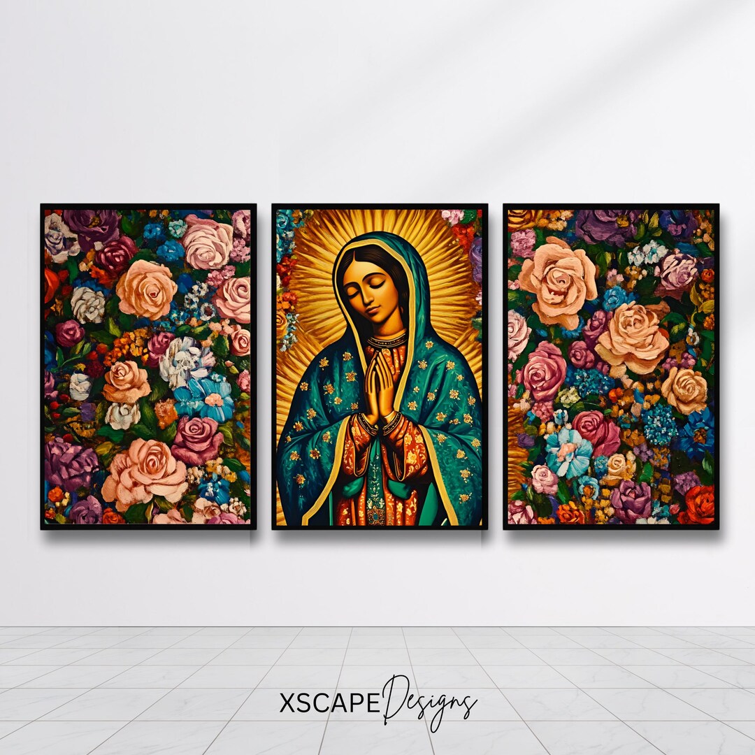 Virgin of Guadalupe Triptych Wall Art Print Set of 3 Sacred Floral Artwork Religious-inspired ...