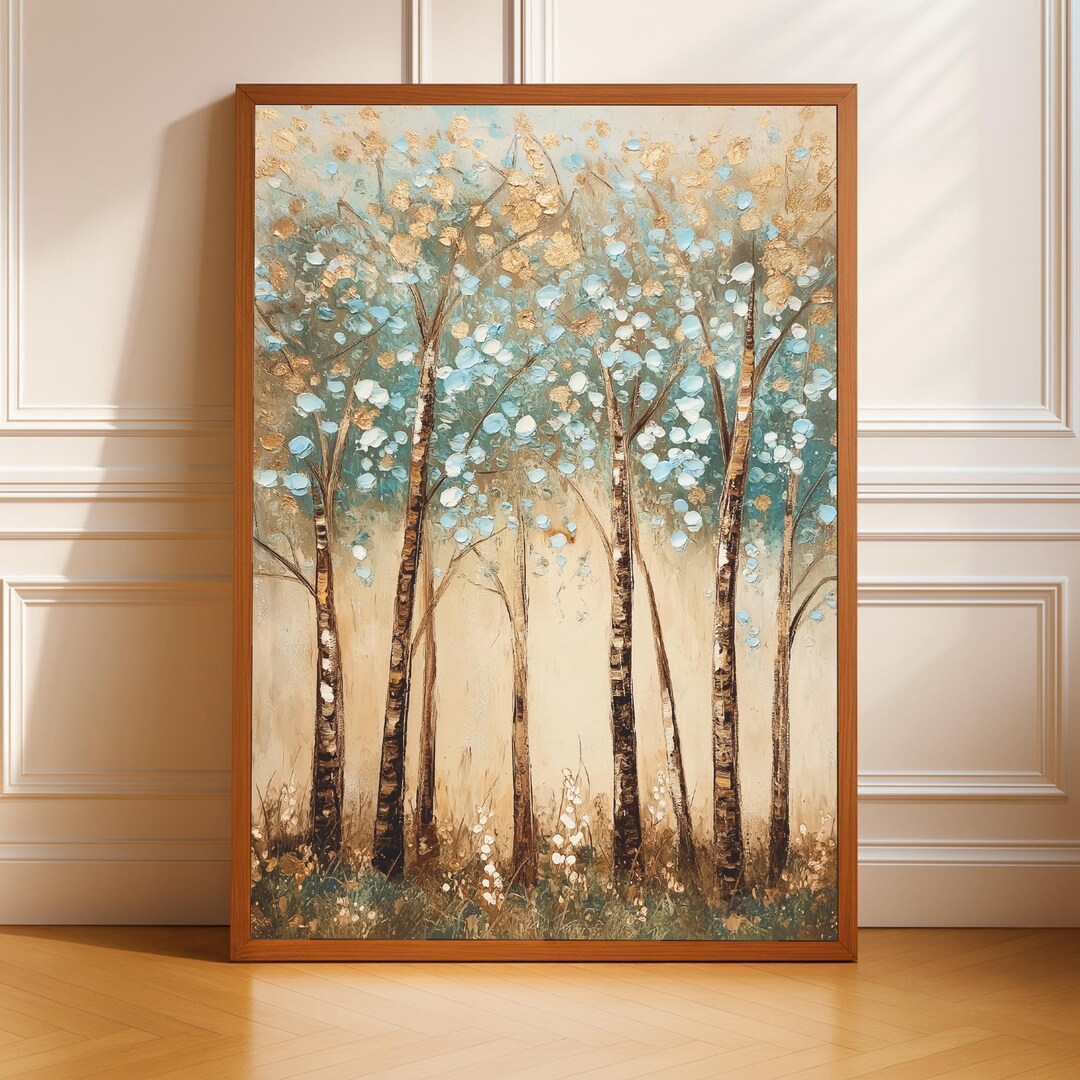 Neutral Digital Art Print - Vintage Birch Tree Wall Art in Blue and ...
