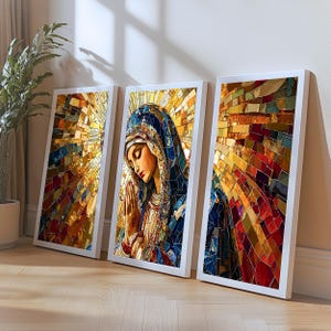 Blessed Virgin Mary Stained Glass Triptych | Religious Wall Art Print Set of 3 | Elegant ...