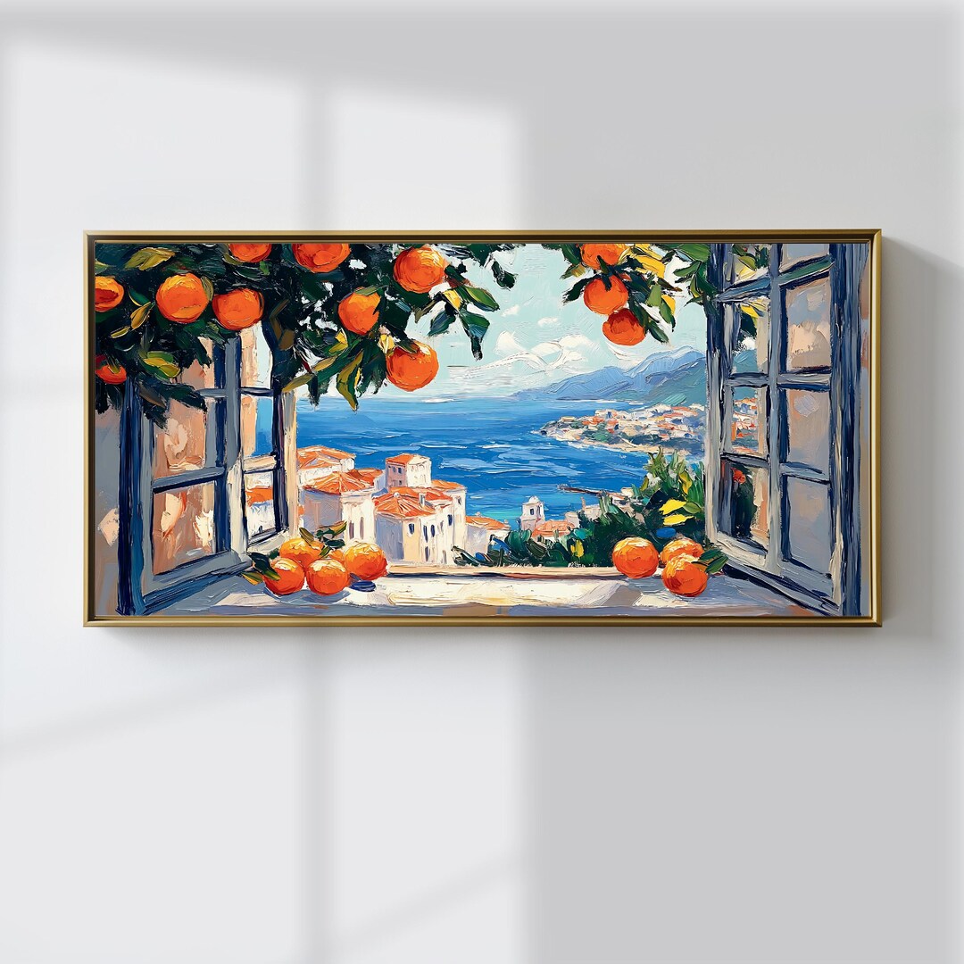 Mediterranean Window Wall Art | Long Horizontal Narrow Print | Orange ...