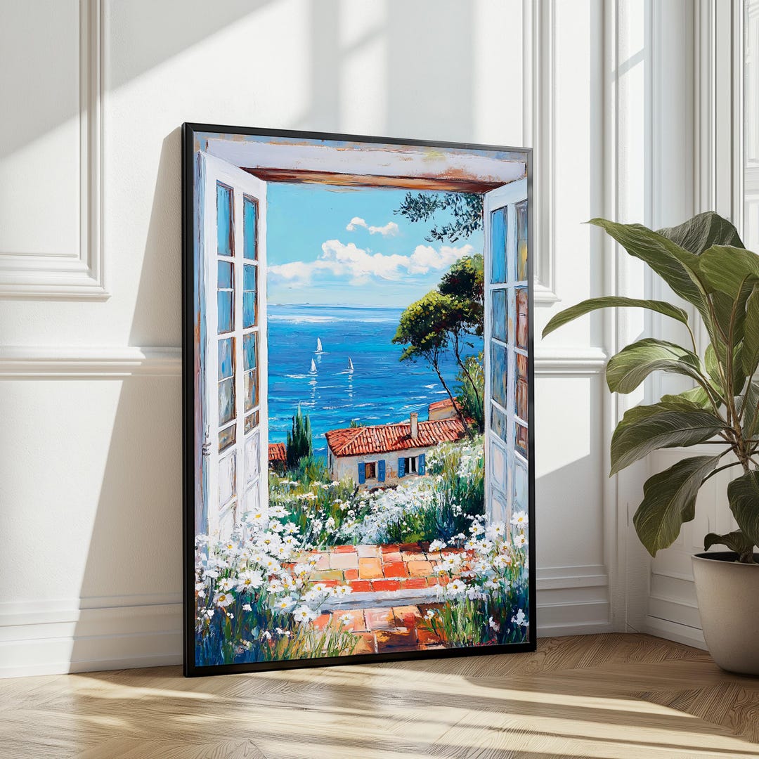 Coastal Window View Art | Mediterranean Landscape Print | Seaside ...