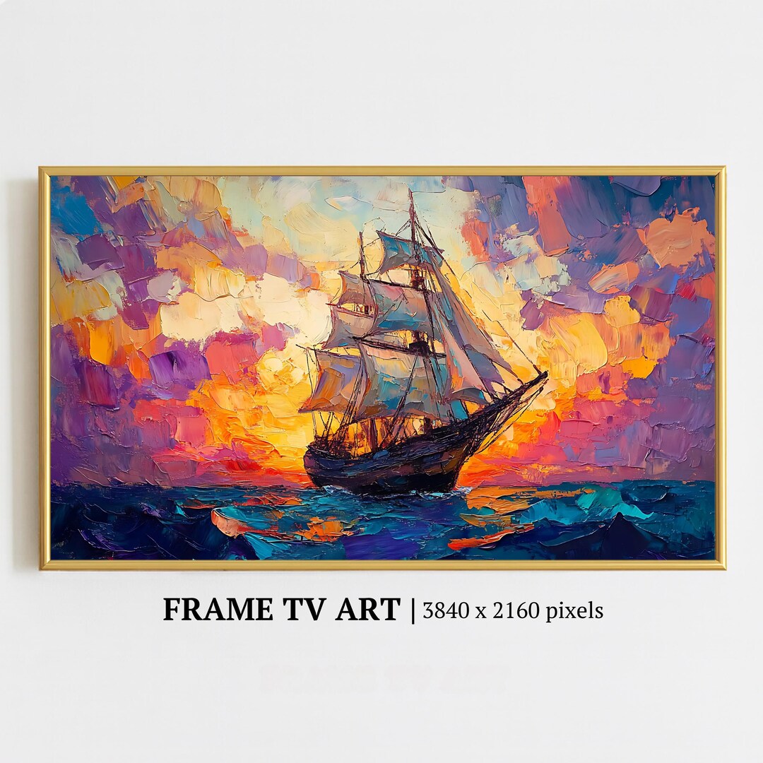 Sailing Ship Frame TV Art: Nautical Ocean Sunset, Coastal Wall Decor ...